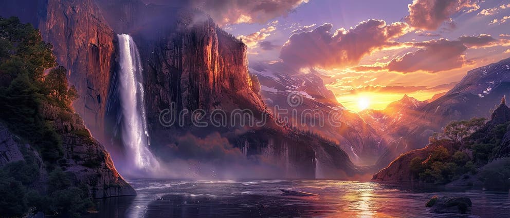 Majestic Mountain Waterfall at Sunset Stock Illustration - Illustration ...
