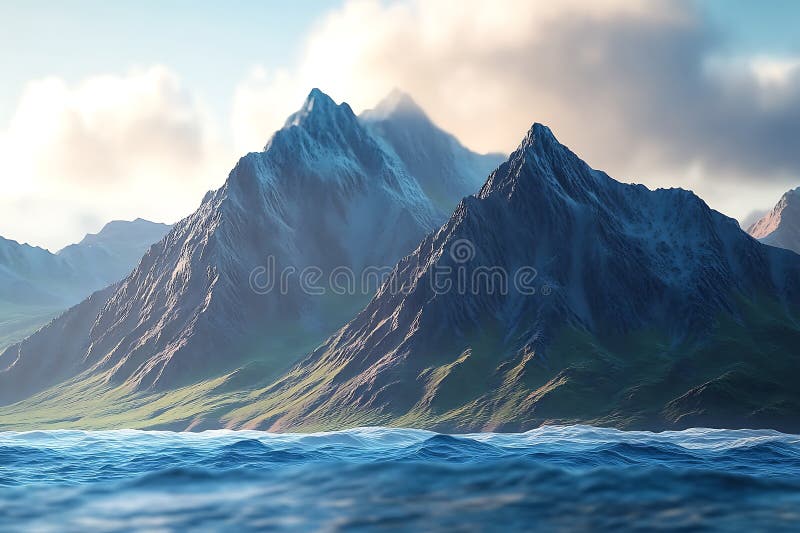 Majestic Mountains Rise Above Serene Ocean Waves Stock Illustration ...