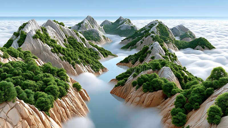 Majestic Mountains Surrounded by Lush Greenery and Misty Clouds Create Serene Landscape ...