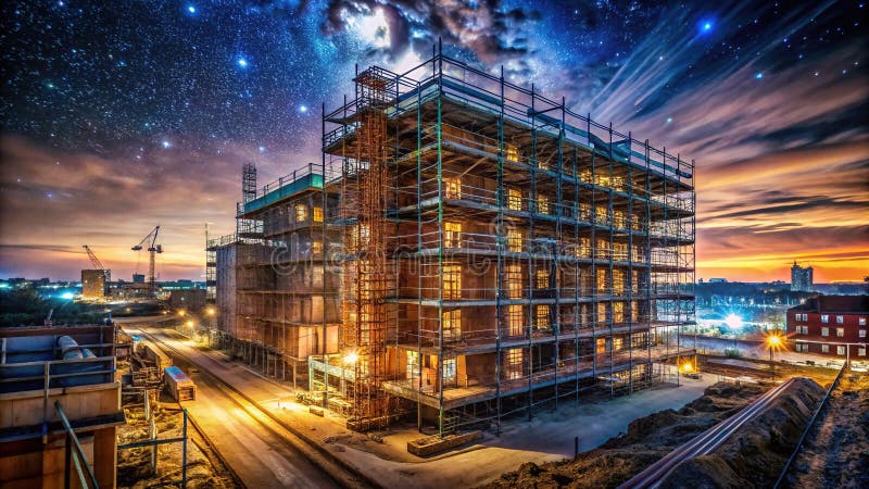 Majestic MultiStory Brick Building Rises Under a Starry Night Sky a ...