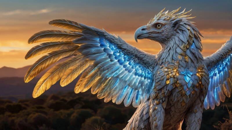 A Majestic Mythical Creature with Golden and Blue Feathers Stock ...