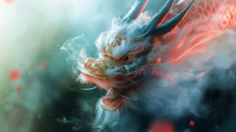 Majestic Mythical Dragon with Red and Blue Scales Emerging from Smoke ...