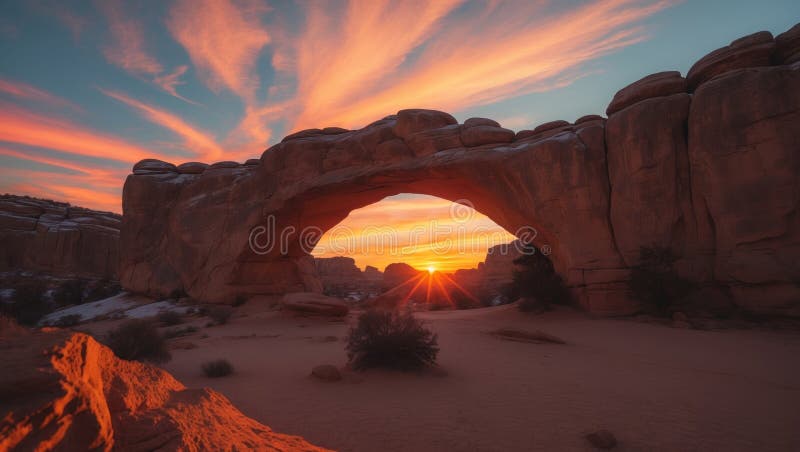 Majestic Natural Rock Arch at Sunset with Warm Tones and Dramatic Sky Stock Image - Image of ...
