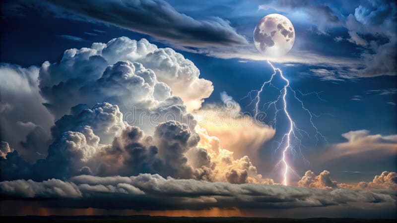 Majestic Night Sky a Dramatic Composition of Lightning, Moon, and ...