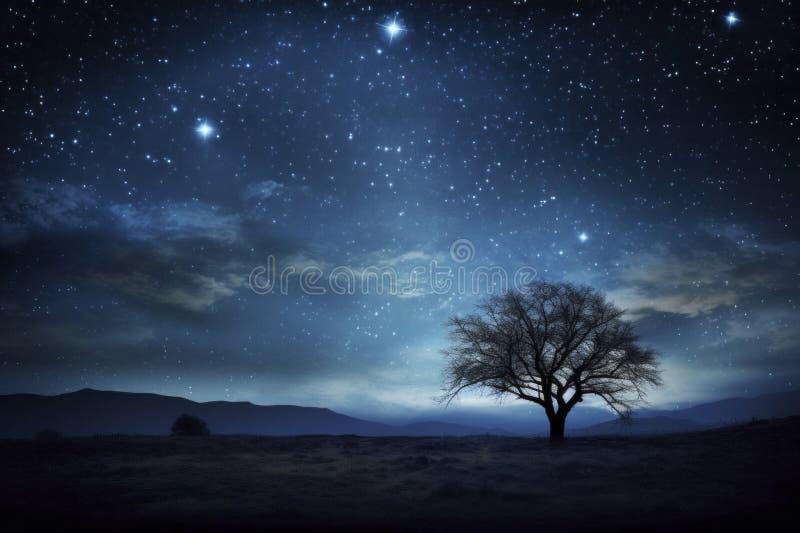 Majestic Night Sky with Lone Tree and Shimmering Stars. Stock Image ...