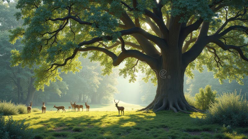 Majestic Oak Tree and Deer in Sunlit Forest Clearing Stock Photo ...