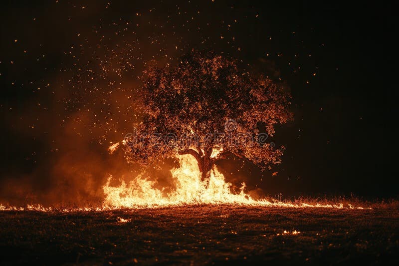 Majestic Oak Tree Engulfed in Flames Amidst Nighttime Wildfire Stock ...