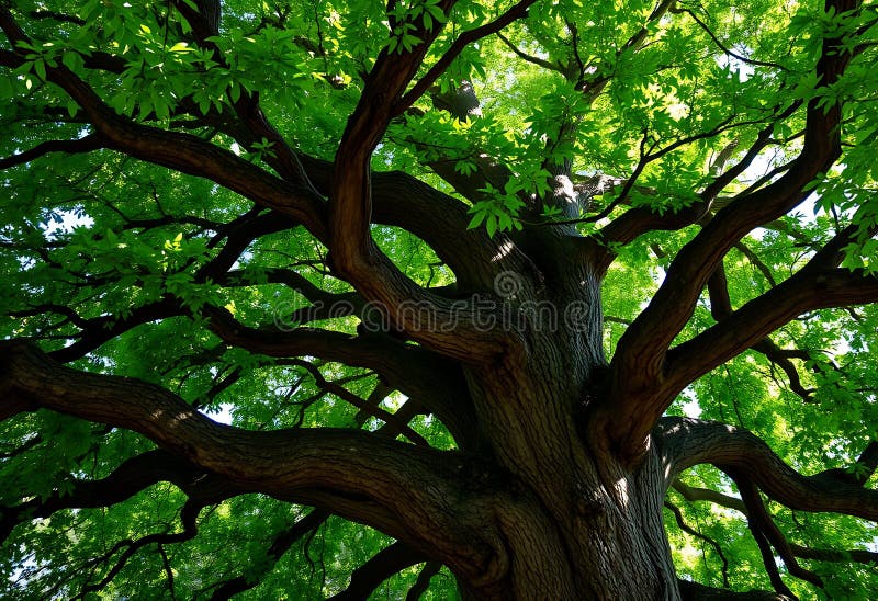 Majestic Oak Tree Lush Green Canopy Thick Branches Sunlight Stock ...