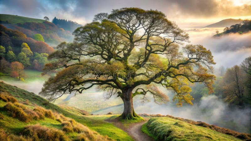Majestic Oak Tree on a Misty Hillside Path at Dawn. Generative AI Stock ...