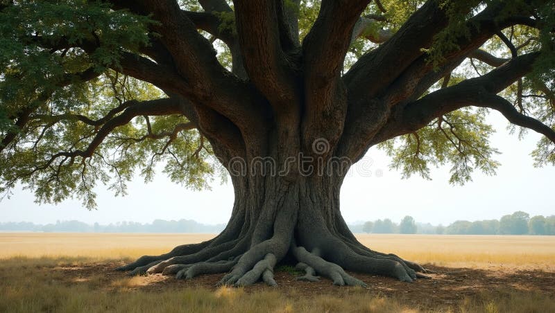 Majestic Oak Tree in Open Field Roots Exposed Stock Illustration ...