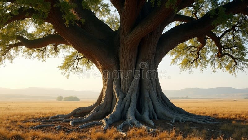 Majestic Oak Tree in Open Field Roots Exposed Stock Illustration ...