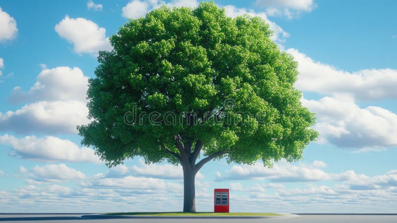 Majestic Oak Tree with Red Phone Booth Under a Blue Sky with White ...