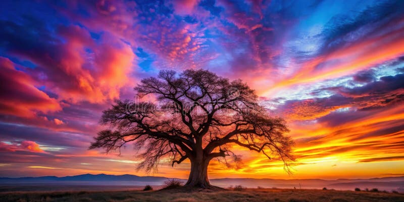 Majestic Oak Tree Silhouetted Against a Vibrant Sunset Sky, Displaying ...