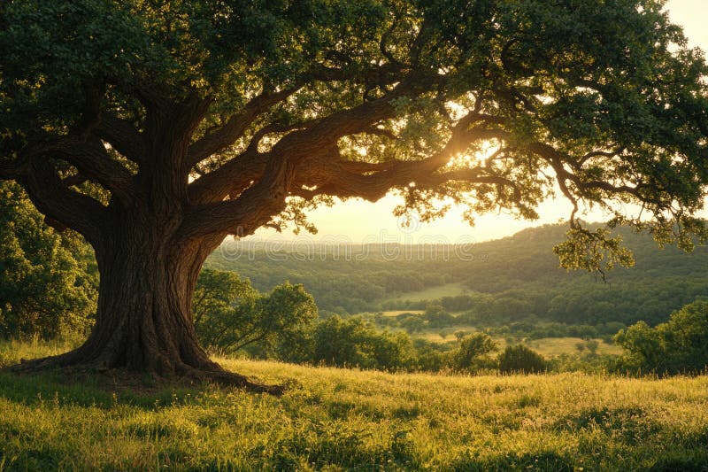 Majestic Oak Tree Sprawls Across Open Space Creating a Timeless and ...