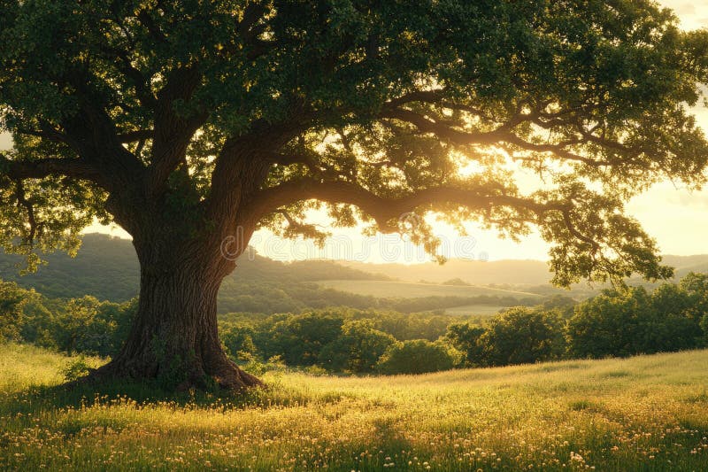 Majestic Oak Tree Sprawls Across Open Space Creating a Timeless and ...