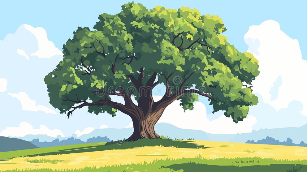 Majestic Oak Tree Standing Alone in Serene Meadow Stock Vector ...