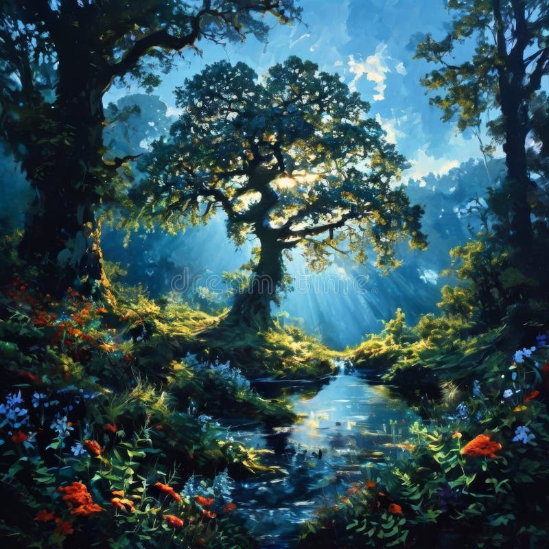 Majestic Oak Tree by a Stream in a Lush Forest with Sunlight Beams ...