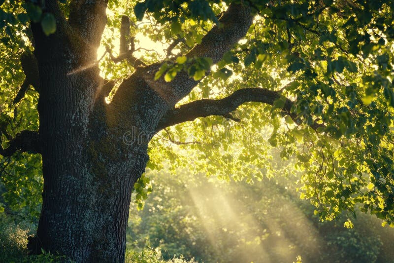 Majestic Oak Tree with Sunlight Streaming through Its Branches in a ...