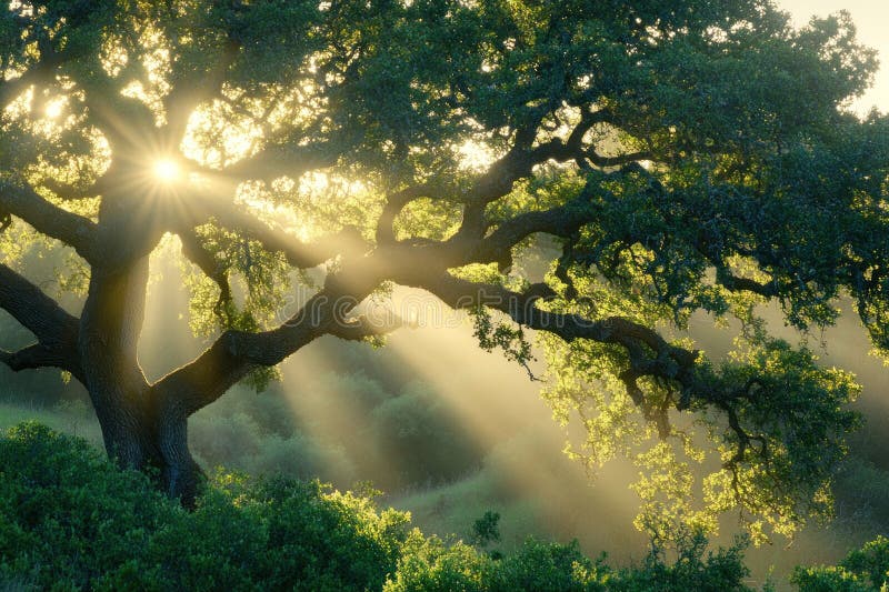 Majestic Oak Tree with Sunlight Streaming through Its Branches in a ...