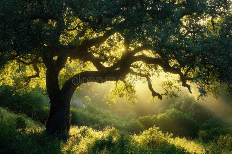 Majestic Oak Tree with Sunlight Streaming through Its Branches in a ...