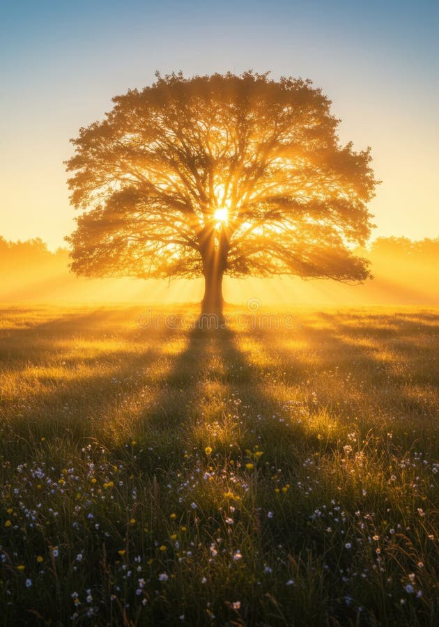 Majestic Oak Tree at Sunrise in Misty Field Stock Illustration ...