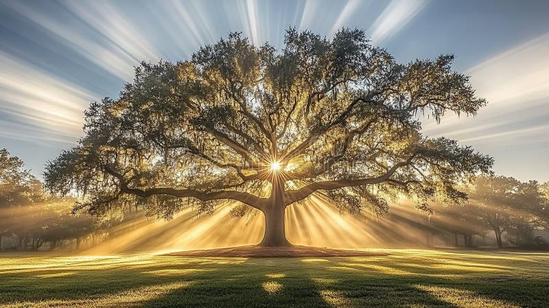 Majestic Oak Tree at Sunrise, Sun Rays Bursting through Branches, Misty ...