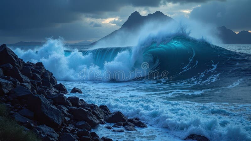 Majestic Ocean Wave Crashing Against Rocky Shore at Sunrise with ...
