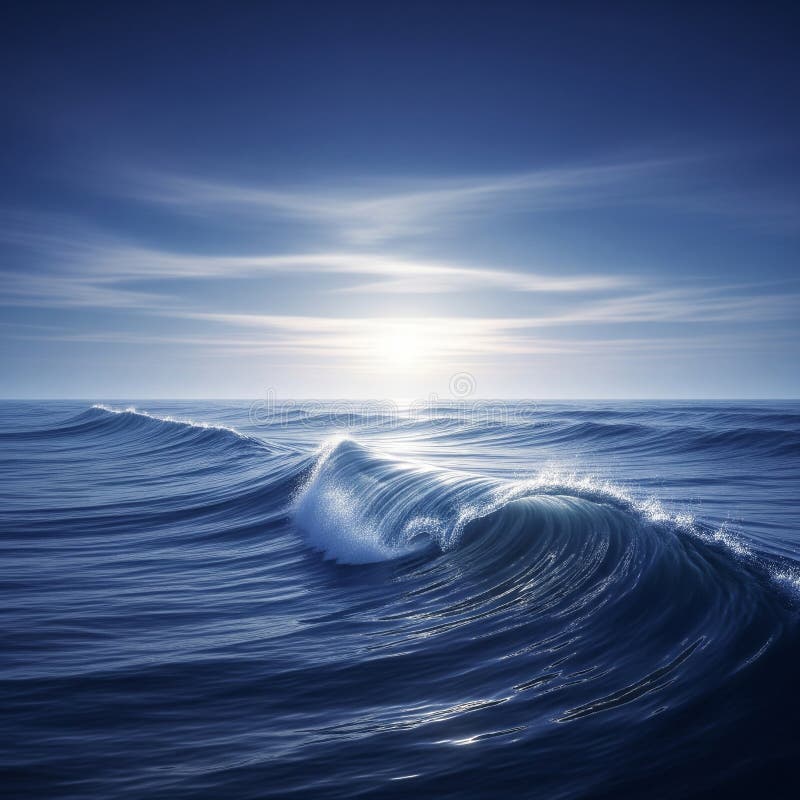 Majestic Ocean Wave Crests Under a Sunlit Sky with Wispy Clouds Stock Illustration ...