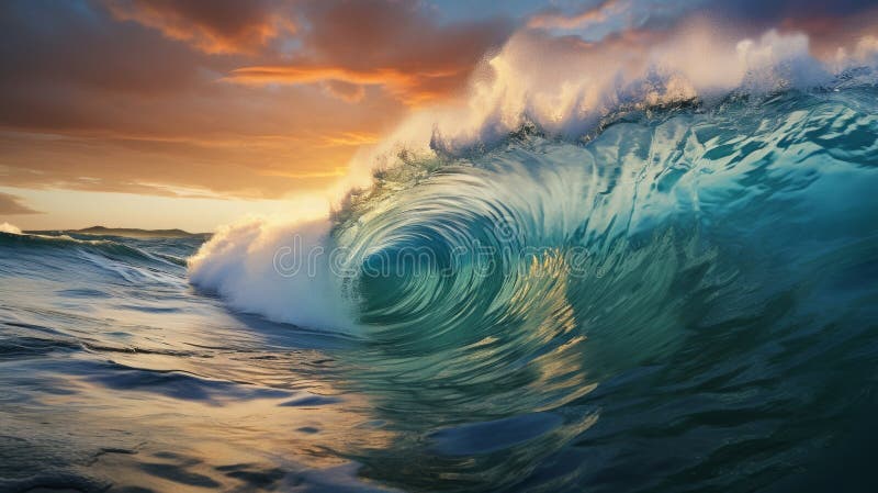 Majestic Ocean Wave Curling Under a Vibrant Sunset Sky Stock Photo ...