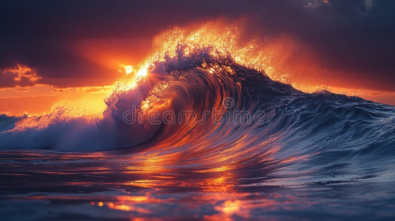 Majestic Ocean Wave Illuminated by Vibrant Sunset Lighting Stock ...