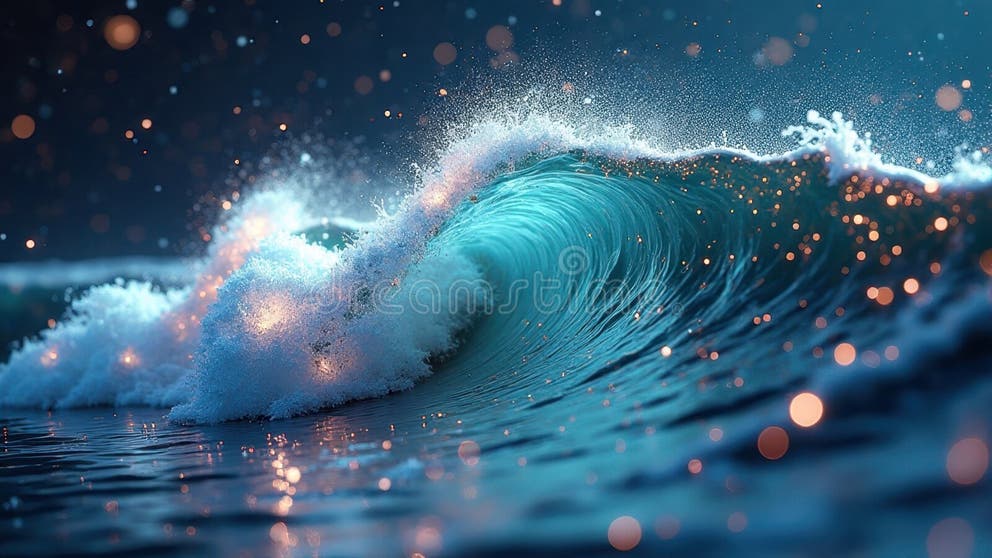 Majestic Ocean Wave at Night Sparkling with Light Reflections Stock ...