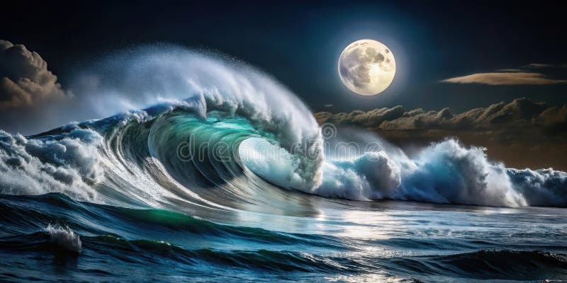 Majestic Ocean Wave Under a Full Moon at Night. Generative AI Stock ...