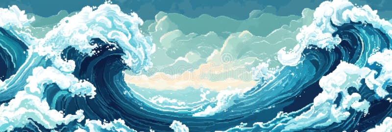 Majestic Ocean Waves with Foamy Crests in Retro Pixel Art Style Stock ...