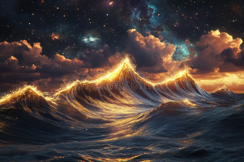 Twilight Beach Waves Glowing Under Stars Stock Photos - Free & Royalty ...