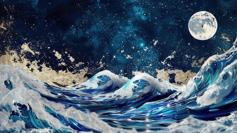 Majestic Ocean Waves Under Starry Night Sky with Full Moon Stock ...