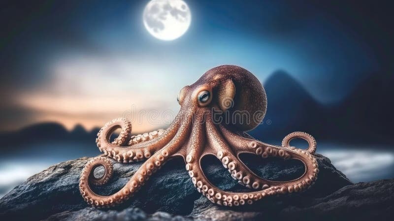 Majestic Octopus Basking on Rocky Underwater Mountain at Night Stock ...