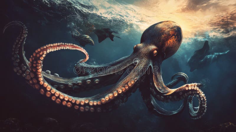 Majestic Octopus Swimming in Dark Blue Ocean Water at Sunset Stock ...