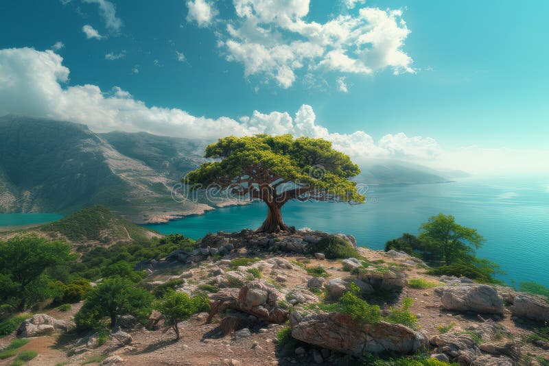 Majestic Old Cedar Tree Overlooking a Tranquil Blue Lake with ...