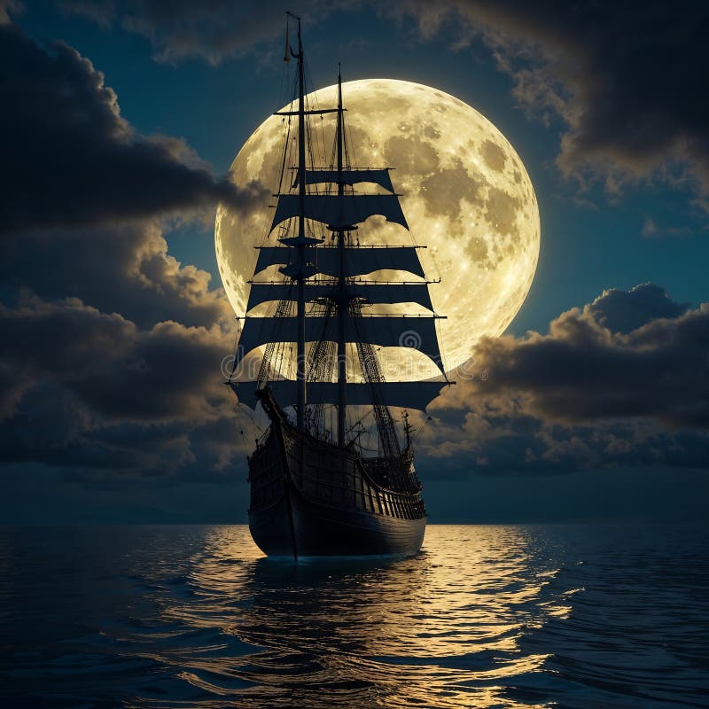 Majestic Old-Fashioned Sailing Ship with Dark Sails Under Full Moon ...