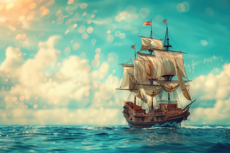 Majestic Old Sailing Ship Navigating on Blue Ocean Waters Under a ...