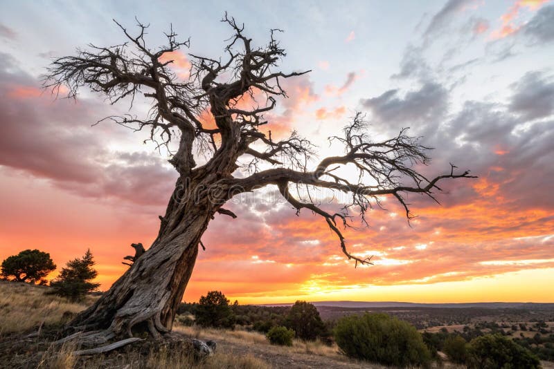 Majestic Old Tree Silhouette Against a Vibrant Sunset Sky Stock ...