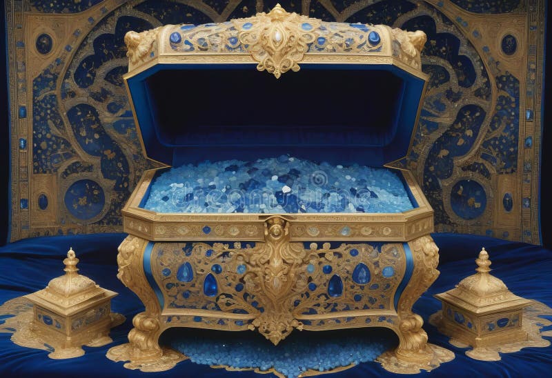 A Majestic Open Chest Overflowing with Sapphire Stock Illustration ...