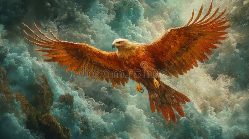 Majestic Orange Eagle Soaring through Teal Clouds Stock Illustration ...