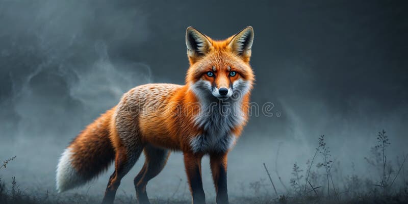Majestic Orange Fox with Glowing Blue Eyes Stands in Mist. Stock Image ...