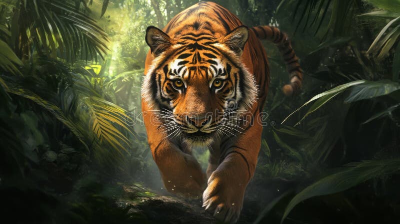 Majestic Orange Tiger Walking through Lush Green Jungle Stock Illustration - Illustration of ...