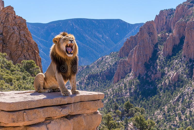 Majestic Lion Roaring Atop a Rocky Outcrop in the Wild Stock Image ...