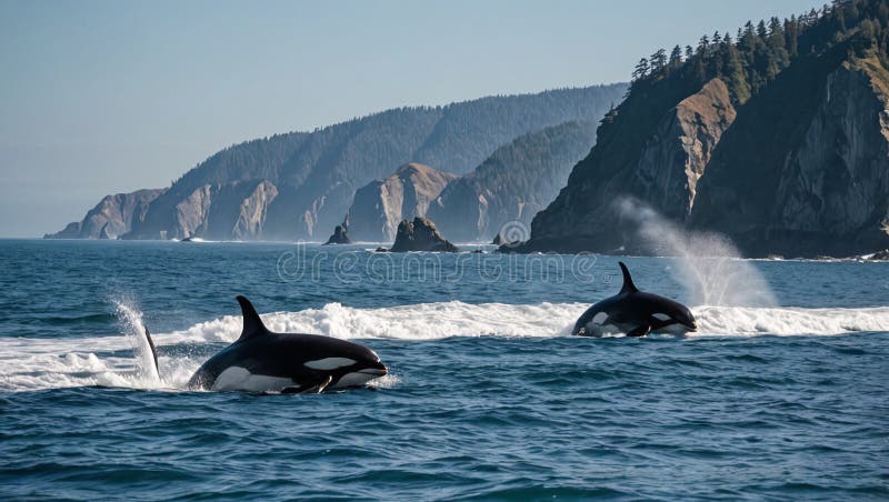 Majestic Orcas Gliding Under Pacific Waves Stock Illustration ...
