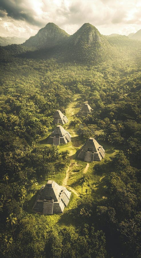 Majestic Overhead Perspective of Ancient Mayan Pyramids in a Lush ...