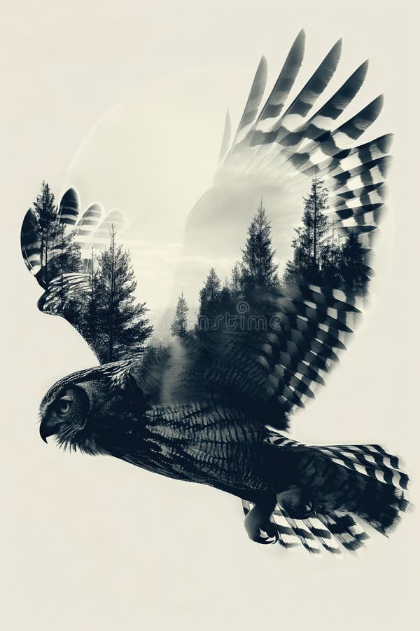 Majestic Owl Flying with Coniferous Forest Double Exposure Effect Stock ...