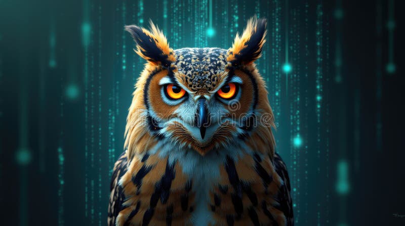 Majestic Owl Gazing Intensely Against a Digital Backdrop of Glowing ...